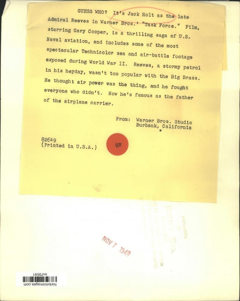 1949 Press Photo Jack Holt Stars in Warner Bros.' "Task Force ...