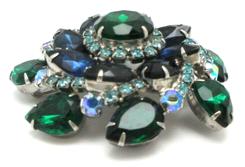STUNNING 3" GREEN & BLUE Aurora Borealis Rhinestone Pinwheel Brooch Pin ...