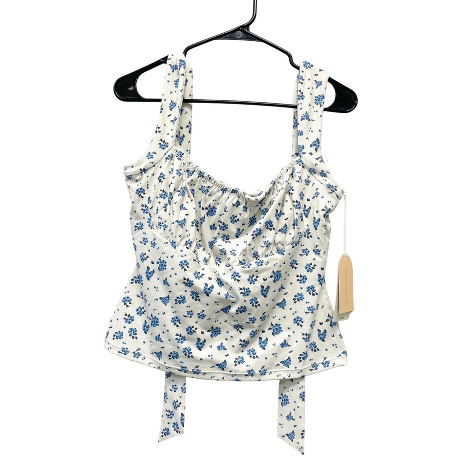 Blogilates Women's Bow Back Tank Top White Blue Floral Size Large | eBay