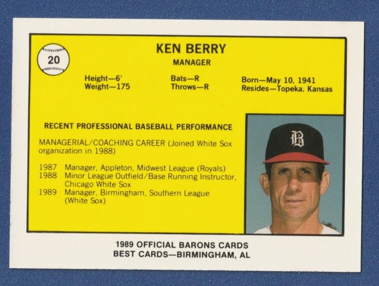 KEN BERRY 1989 Best Minor League #20 White Sox Birmingham Barons Card ...