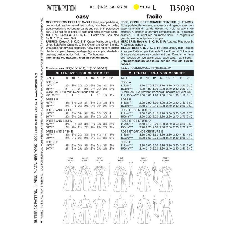 BUTTERICK SEWING PATTERN 5030 MISSES 16-22 EASY FLARED WRAP DRESS ...