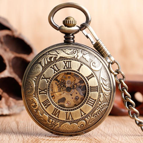 Retro Bronze Skeleton Hand Winding Mechanical Men's Pocket Watch ...