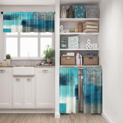 Turquoise Kitchen Curtains Teal Grey 52"W x 36"L (Pack of 3) Abstract ...