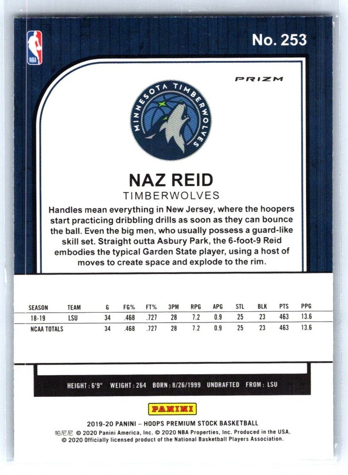 2019-20 NBA Hoops Premium Stock Naz Reid RC Rookie Silver Timberwolves ...