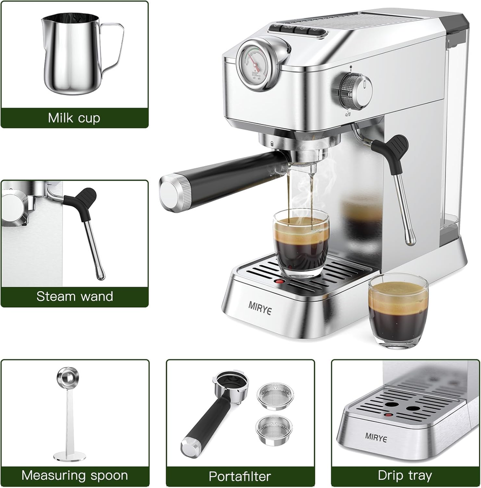 Espresso Machine, 20 Bar Stainless Steel Espresso Maker Silver Coffee ...