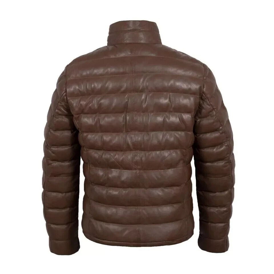 Men's Genuine Brown Leather Puffer Jacket Winter Quilted Real ...