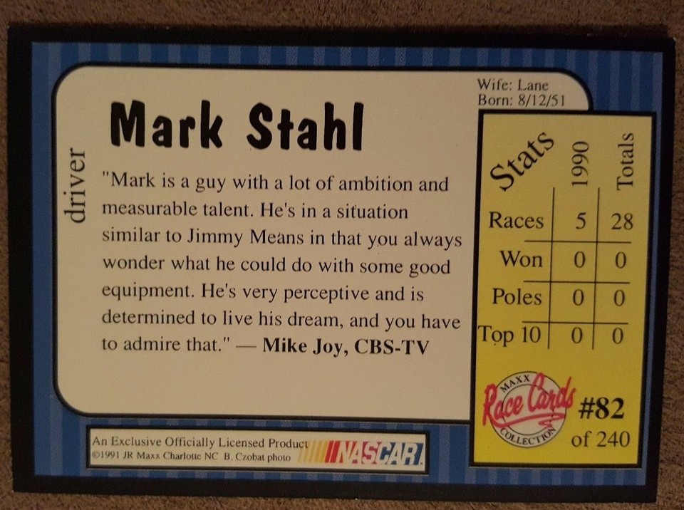 1991 Mark Stahl Card 82 of 240 Maxx Collection Race Cards | eBay
