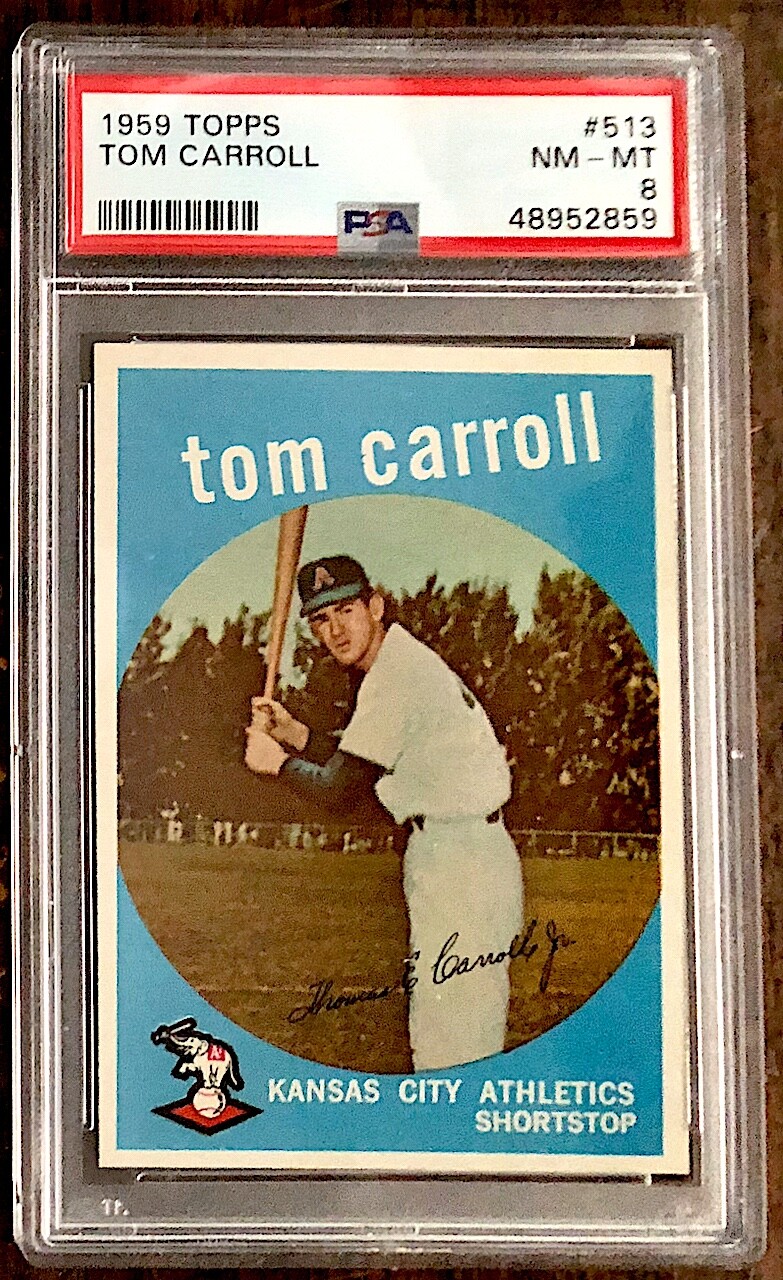 1959 TOPPS #513 TOM CARROLL PSA 8 NRMT-MT * SET BREAK * GLARE FROM PIC ...
