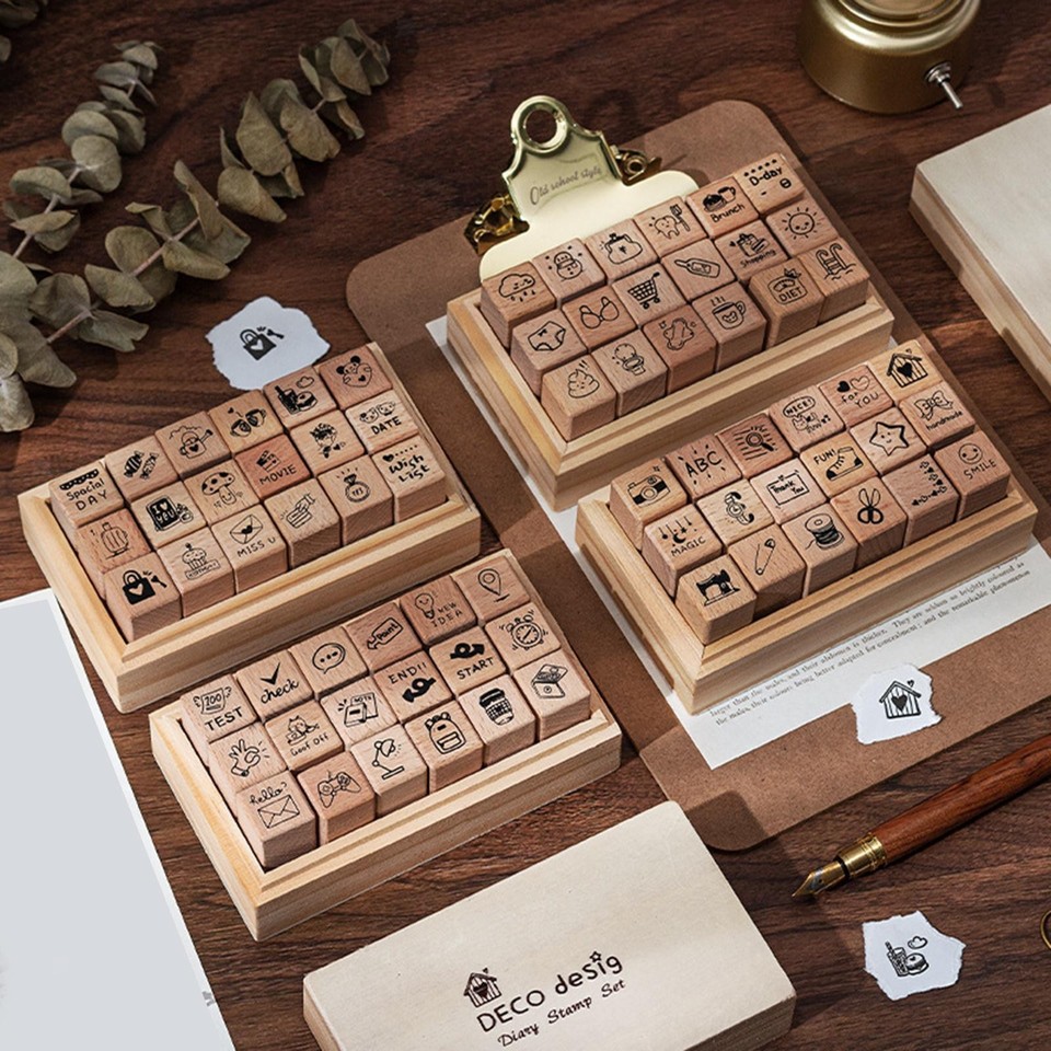 18x Wooden Rubber Stamps Wood Stamps Decorative Stamper Set with ...