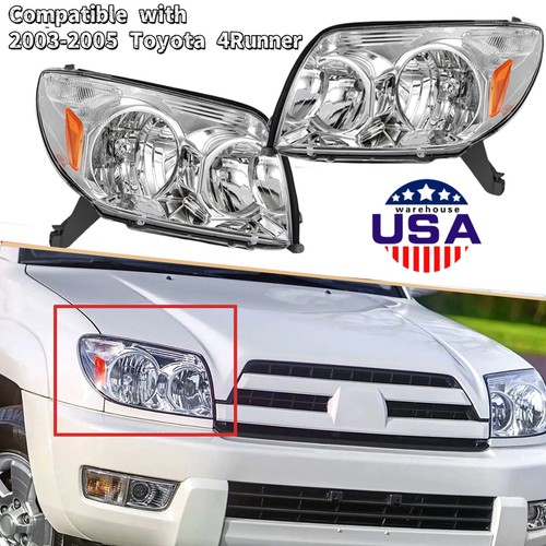Fit 2003-2005 Toyota 4Runner Headlight Lamps Pair Chrome Casing Amber ...