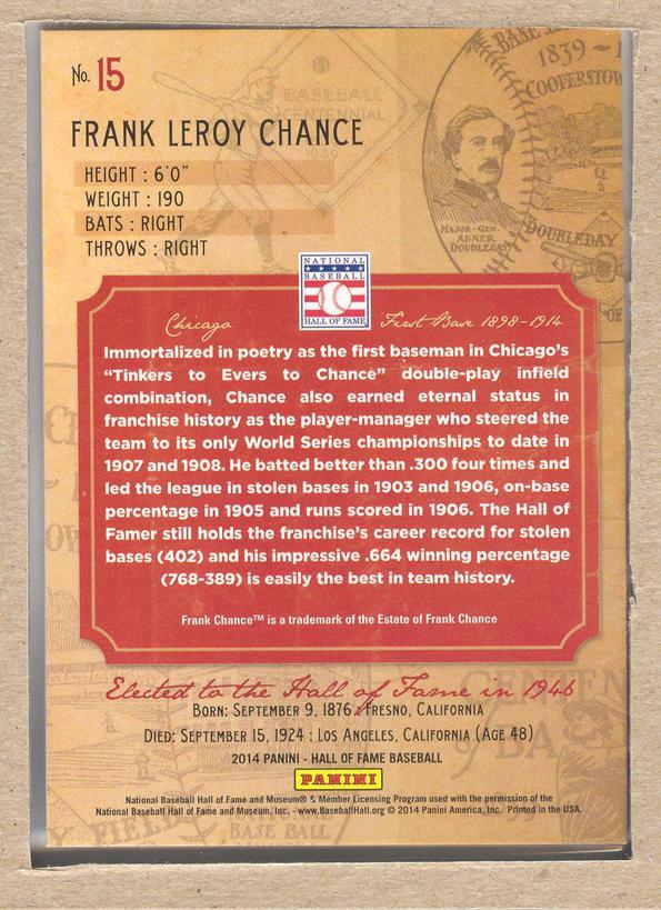 Frank Chance 15 2014 Panini Hall of Fame Green Frame Red 13/50 | eBay
