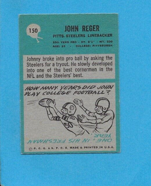 1964 PHILADELPHIA #150 JOHN REGER STEELERS NR-MINT | eBay