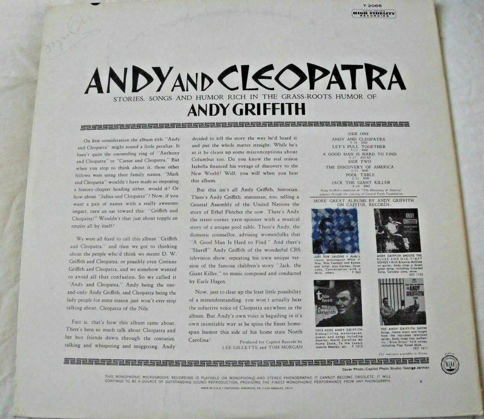 ANDY GRIFFITH ANDY AND CLEOPATRA VINYL LP ALBUM 1964 CAPITOL RECORDS ...