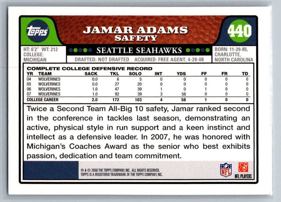 2008 Topps RC #440 Jamar Adams Seattle Seahawks Football Card | eBay