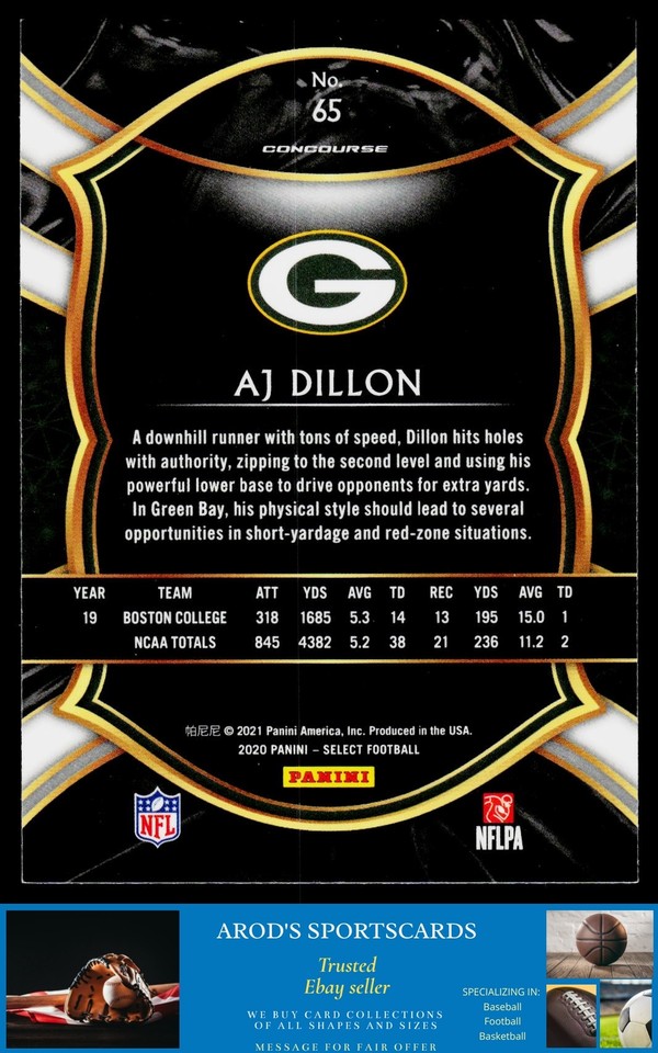 2020 Panini Select *AJ Dillon **Card #65** CNCOURSE (RC) | eBay