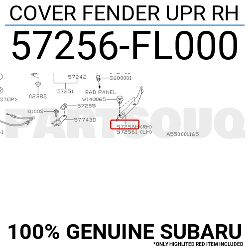 57256FL000 Genuine Subaru COVER FENDER UPR RH 57256-FL000 | eBay