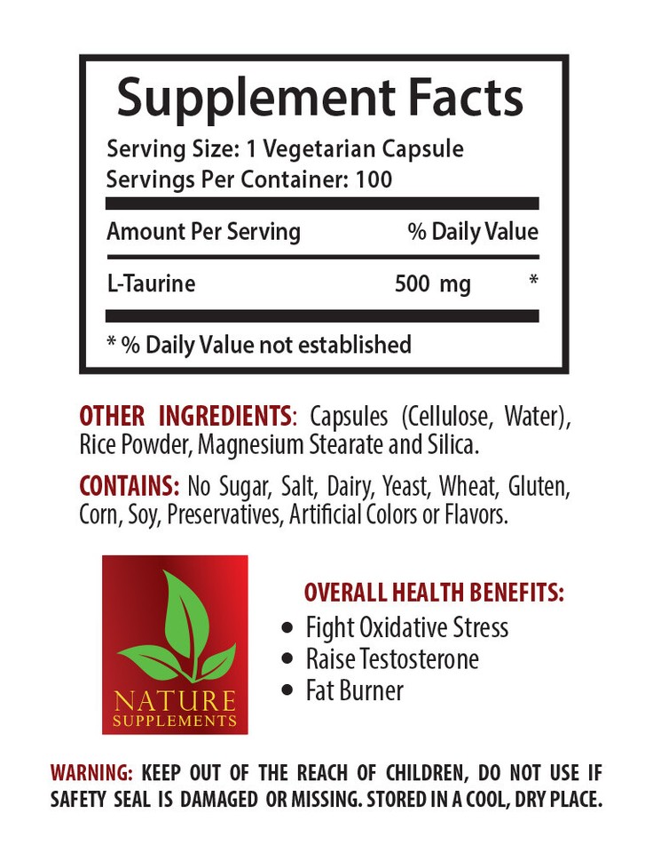 L-Taurine Powder 500mg - Pure Amino Acid - Promotes Longevity - 100 ...