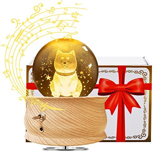 3D Crystal Ball Music Box, LED Floodlight Luxury Wooden Bedside Shiba ...