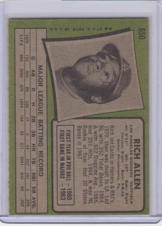 1971 Topps #650 Rich Allen HI # SP HOF Los Angeles Dodgers EX to EXMT ...