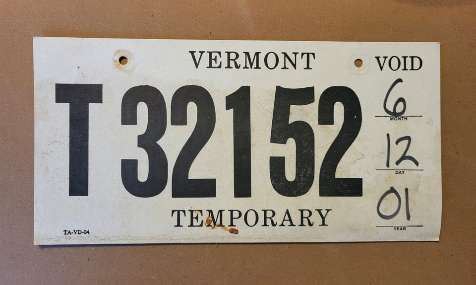 2001 Vermont Temporary License Plate T 32152 | eBay