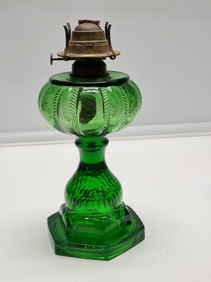 Vtg. EAPG Emerald Green Oil Lamp Original Blown Glass Rope & Bubble ...