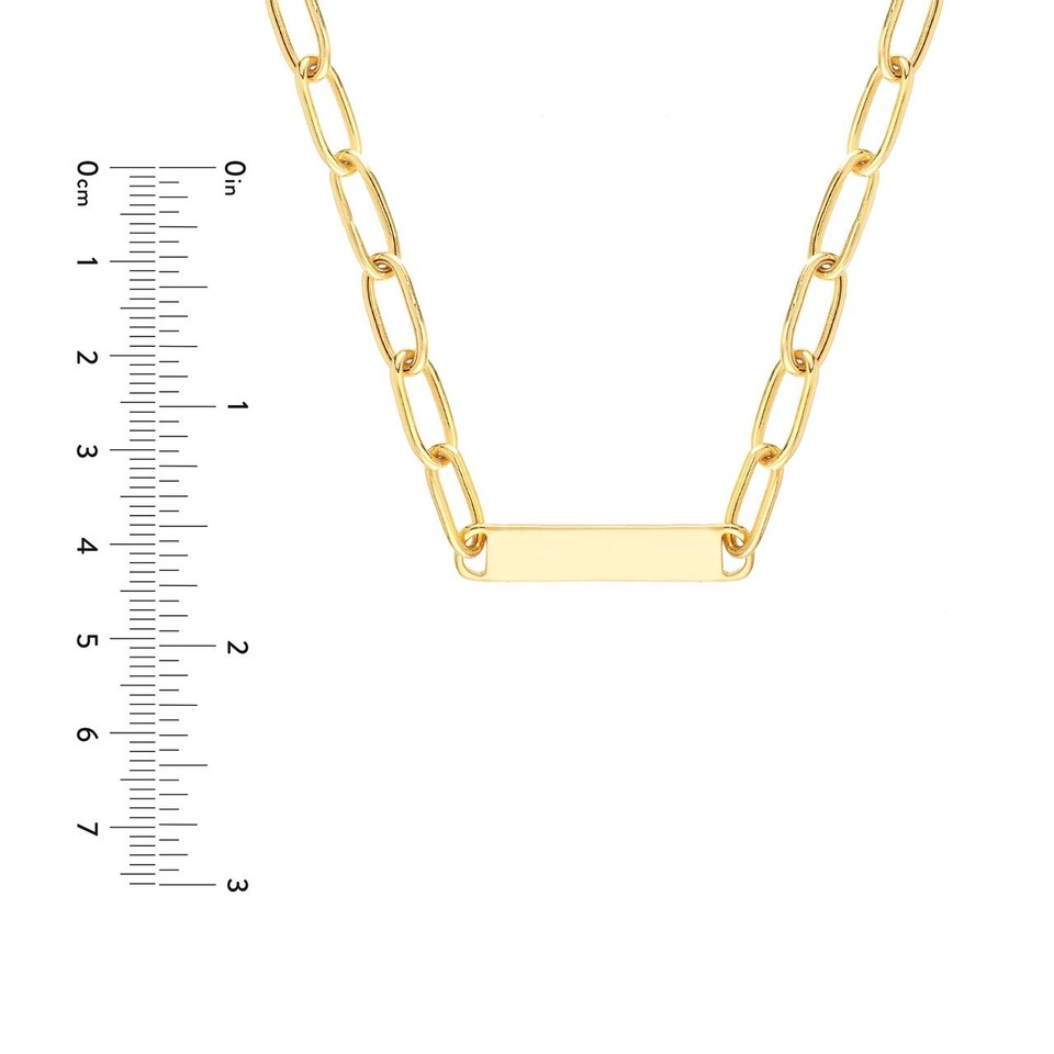 14K Solid Gold Paper Clip Necklace with Rounded Engravable Bar 16”/10. ...