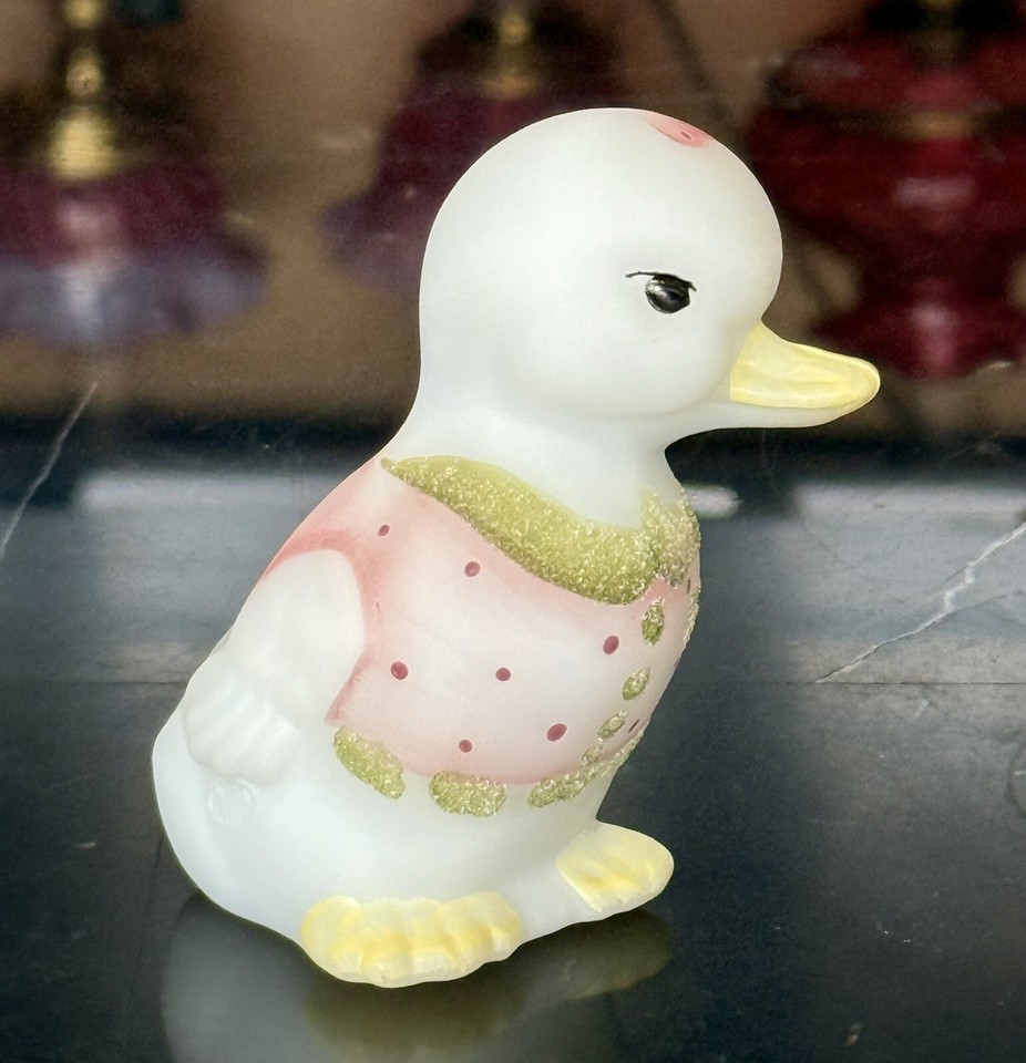 QVC Fenton Glass Figurine Duck Duckling Opal Satin w HP Pink Polka Dots ...