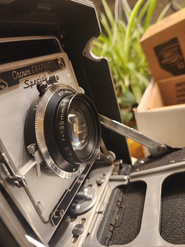 GRAFLEX 4X5 CROWN GRAPHIC “SPECIAL”PRESS CAMERA w Rodenstock 135mm Lens ...