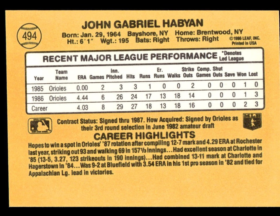 John Habyan 1987 Donruss #494 Baltimore Orioles | eBay