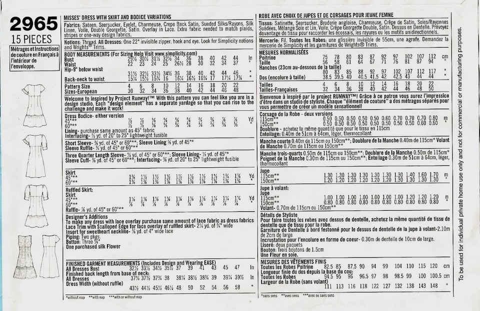 Simplicity Project Runway Sewing Pattern Misses/Juniors/Womens Sizes U ...