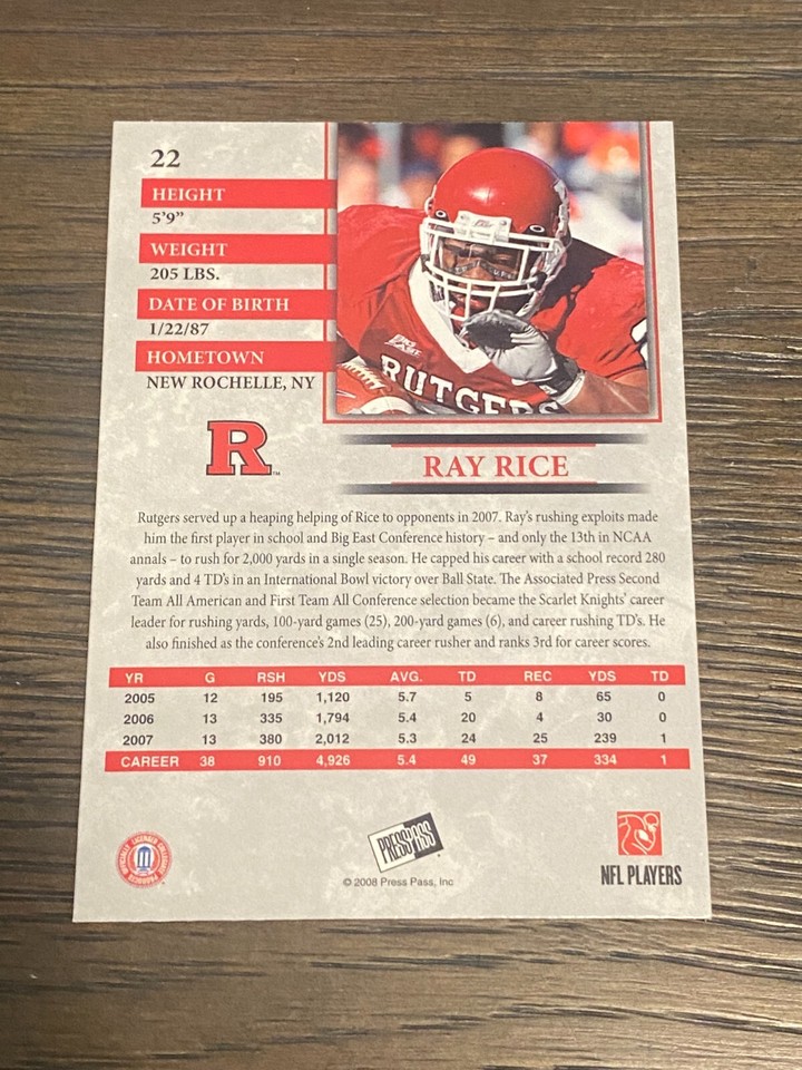 Ray Rice 2008 Press Pass #22 RC Rutgers Scarlett Knights Baltimore ...