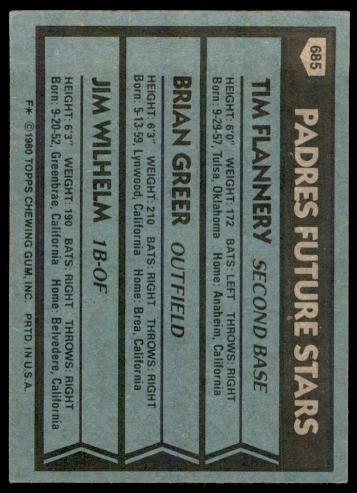 1980 TOPPS PADRES FUTURE STARS - TIM FLANNERY/BRIAN GREER/JIM WILHELM ...