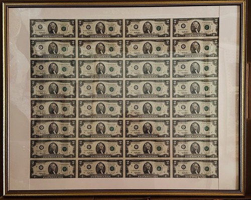 1995 Uncut FULL SHEET OF 32 Framed $2. Two Dollar Bills Atlanta F ...
