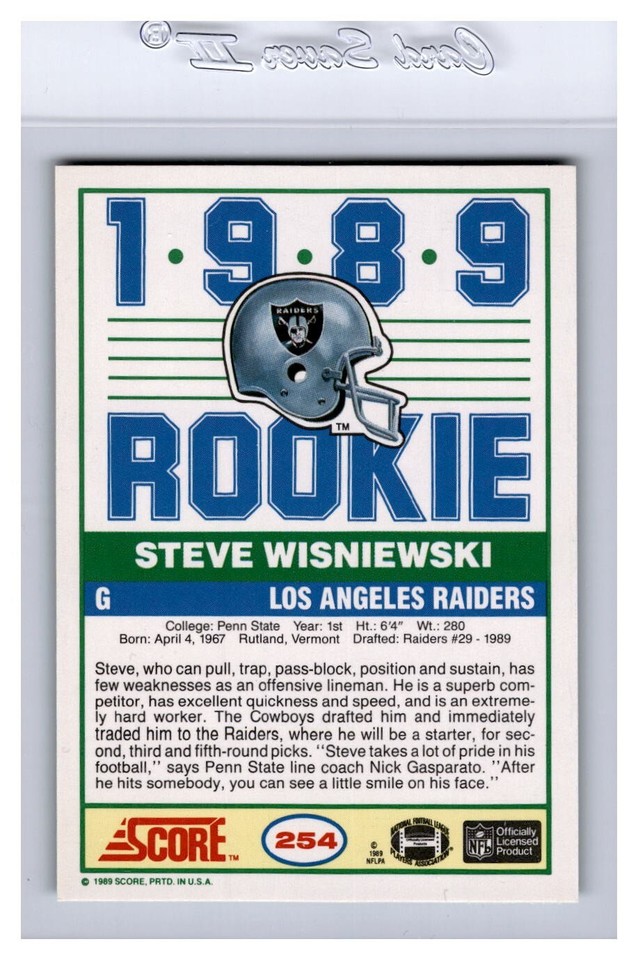 1989 Score Steve Wisniewski #254 Rookie RC Oakland Raiders Football ...
