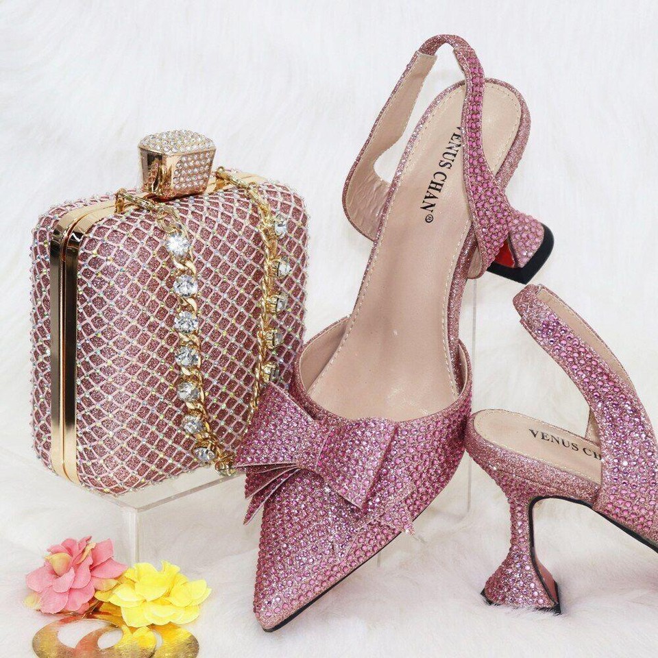 Womens Rhinestone Pointed Kitten Heel Sandals With Bag Set Party High ...