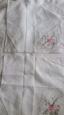 2 Hand Embroidered Handkerchiefs Flowers & Drawn Threads Hand Hemmed ...