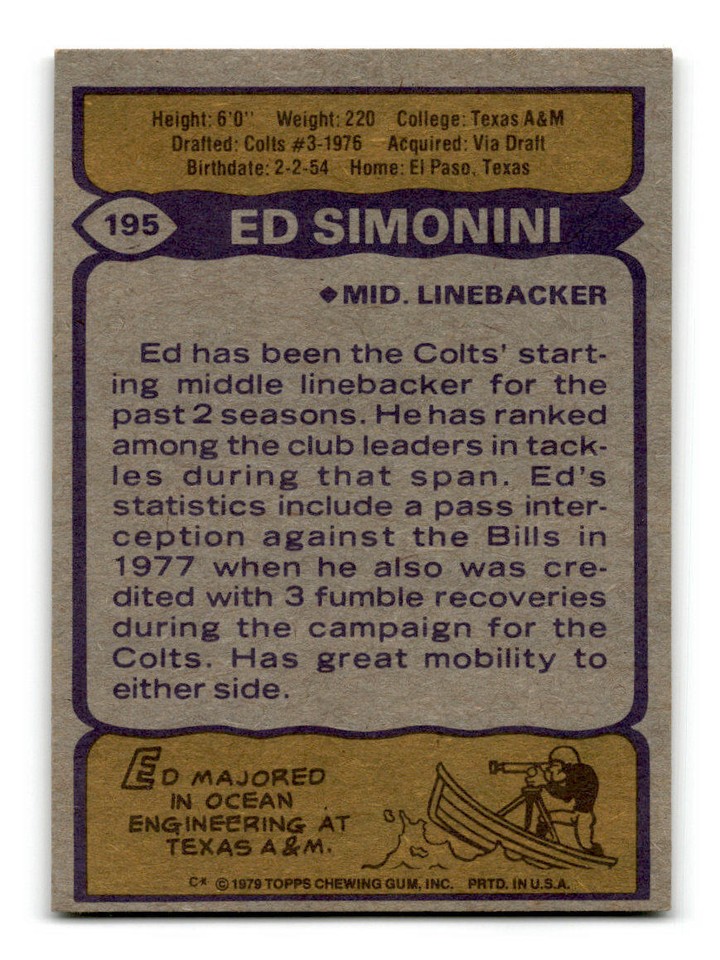 1979 Topps Ed Simonini #195 Baltimore Colts | eBay