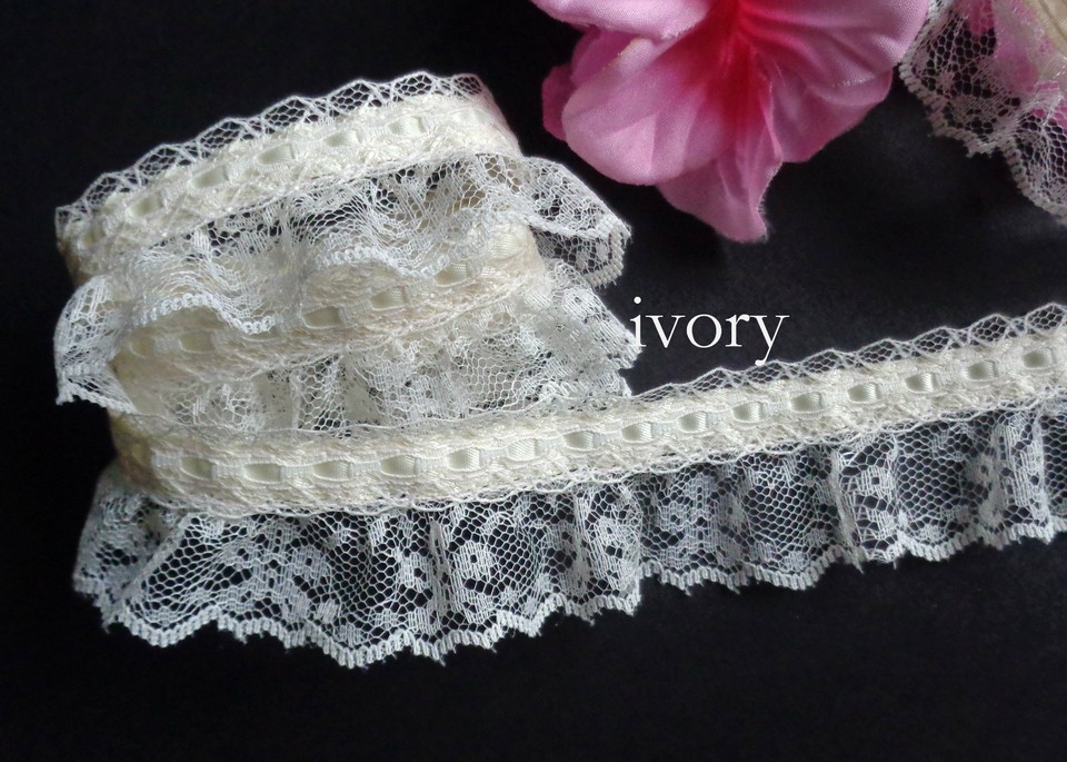 Soft Ruffled Lace with Ribbon, 1+1/2 inch wide select color price per ...