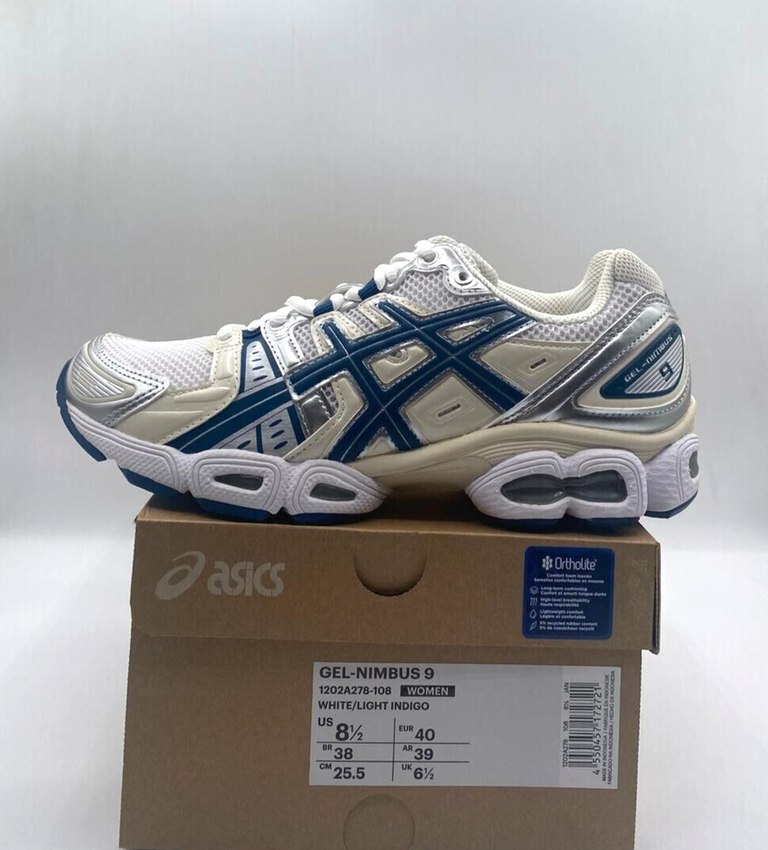 ASICS Women's Gel-Nimbus 9 White/Light Indigo 1202A278-108 US Size 8.5 ...