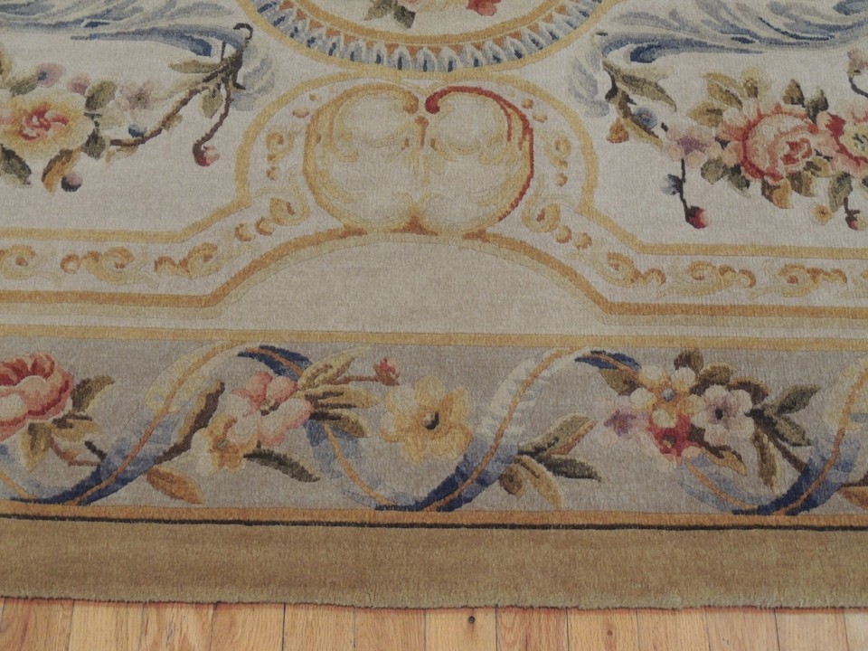 French 9x12 Savonnerie Aubusson Design Oriental Rug Beige Gold Blue ...