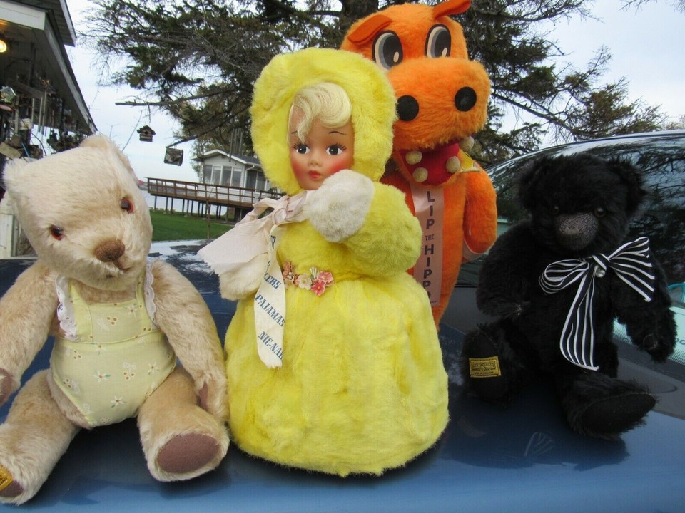 VINTAGE RUBBER FACE PLUSH TOY YELLOW MUSICAL RIBBON RARE TEDDY BEAR ...