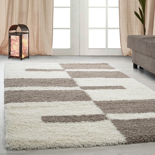 Long pile carpet shaggy living room rug high pile gray white patterned ...