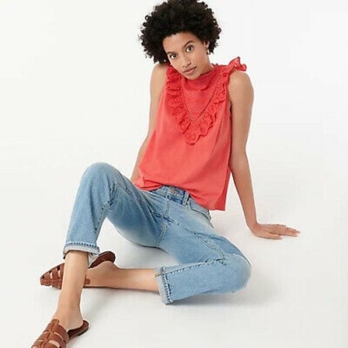 J Crew Eyelet Cotton Ruffle Front Tank Top in Faded Poppy | eBay