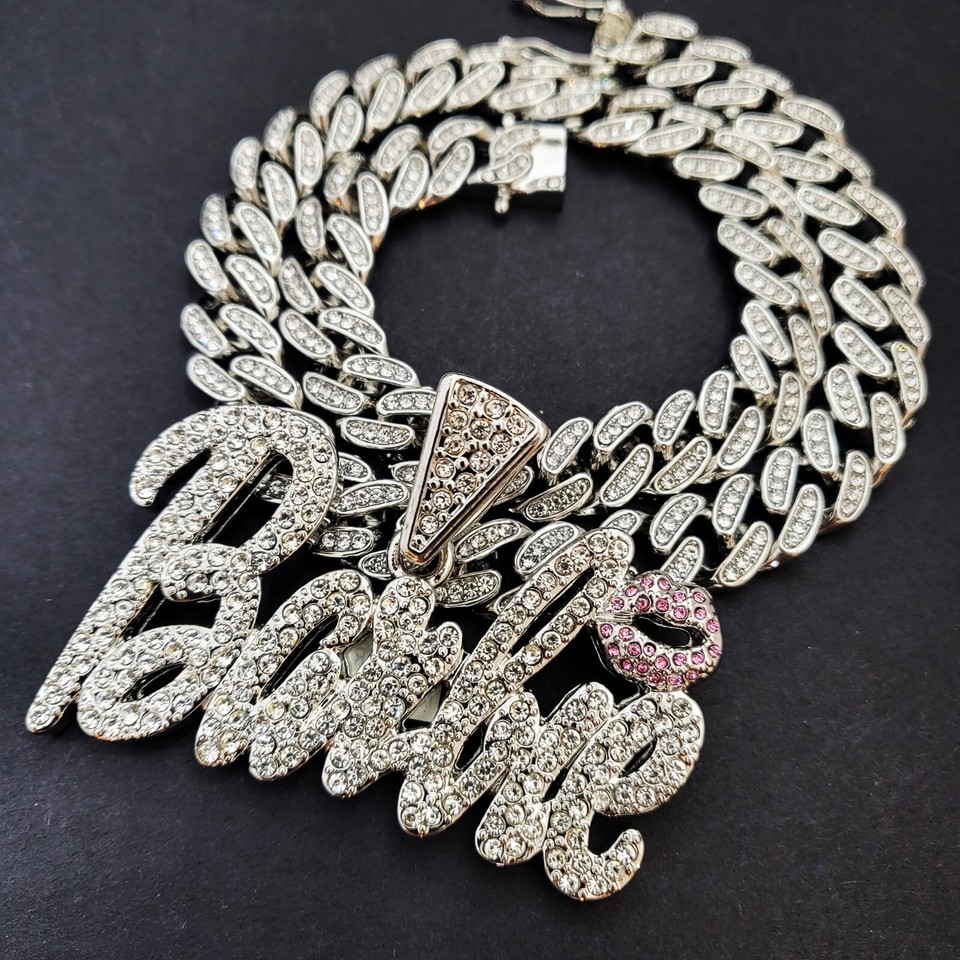 Women Gold Plated Large Barbie Charm & Iced Cubic Zirconia Cuban Chain ...