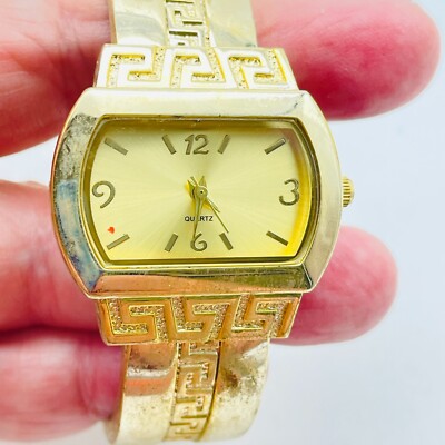 Greek Key Ladies Cuff Watch Gold Tone Quartz Hinged READ | eBay
