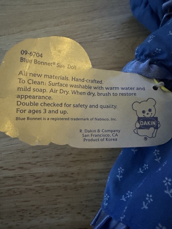 1986 Blue Bonnet Sue Doll Vintage Nabisco Dakin Promo Original Tag 12 ...