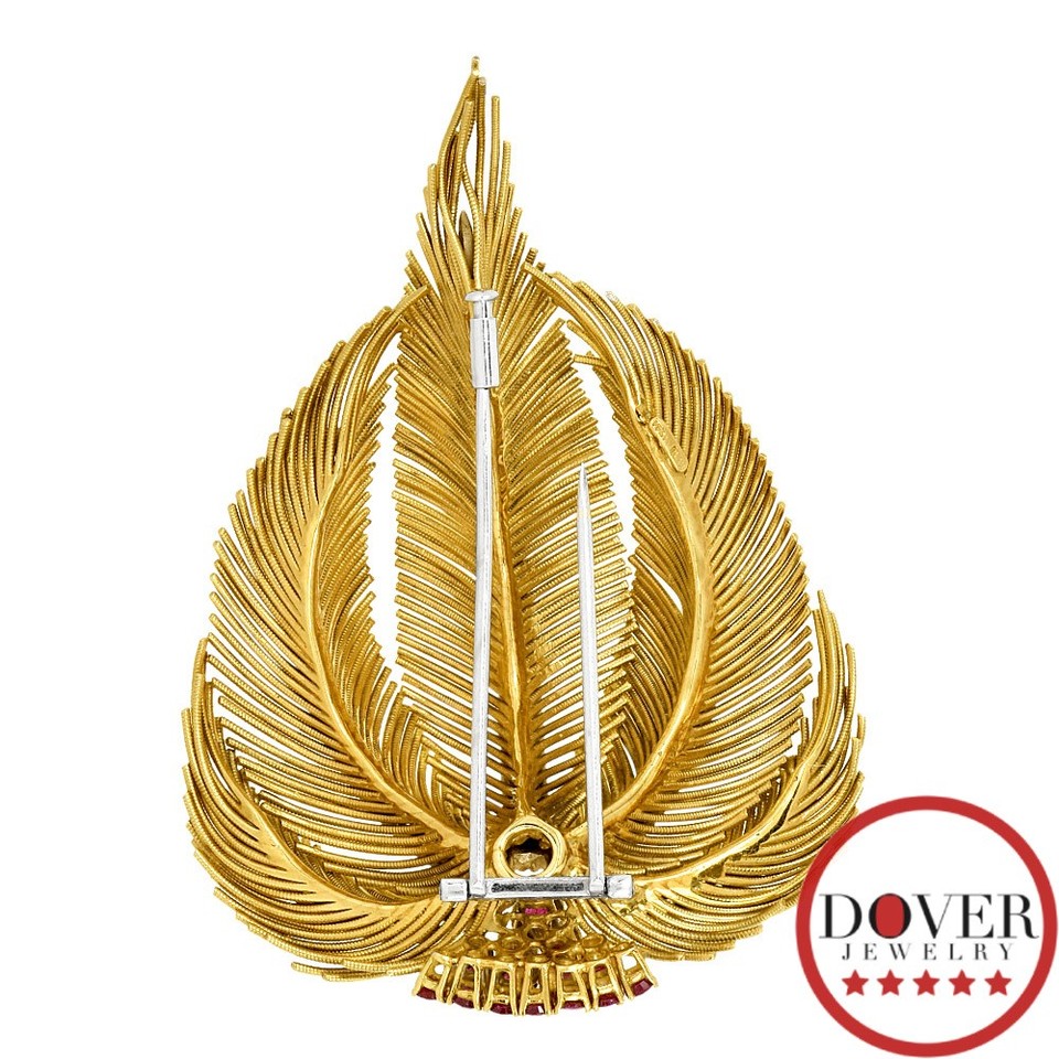 Italian Diamond 2.30ct Ruby 18K Gold Large Textured Leaf Brooch Pin 49. ...