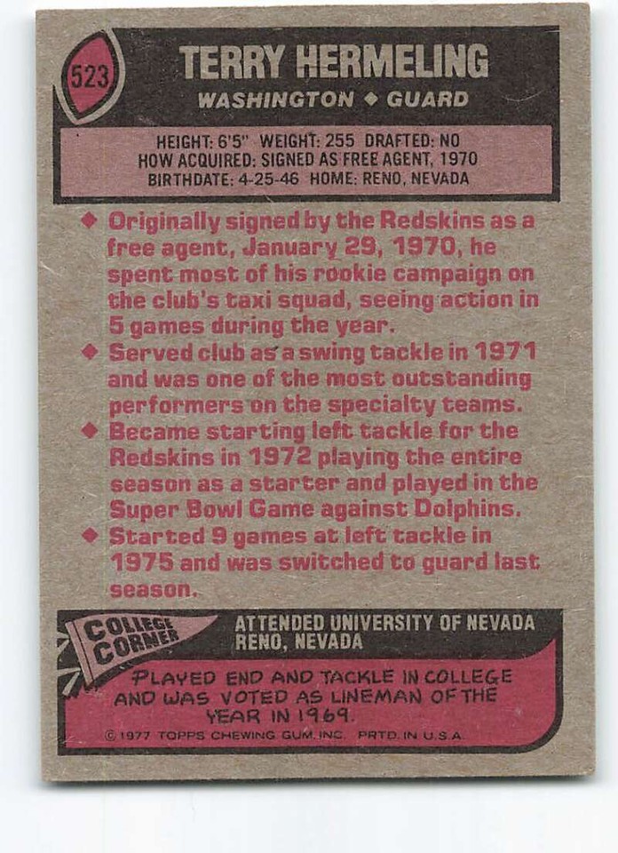 1977 Topps #523 Terry Hermeling EX Excellent Redskins 114924 | eBay
