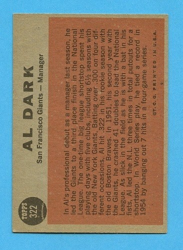 1962 TOPPS # 322 AL DARK SAN FRANCISCO GIANTS EX+MT FREE SHIPPING | eBay