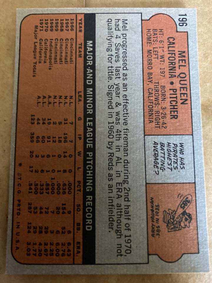 1972 Topps Baseball stunning set break #196 Mel Queen NM/MT | eBay